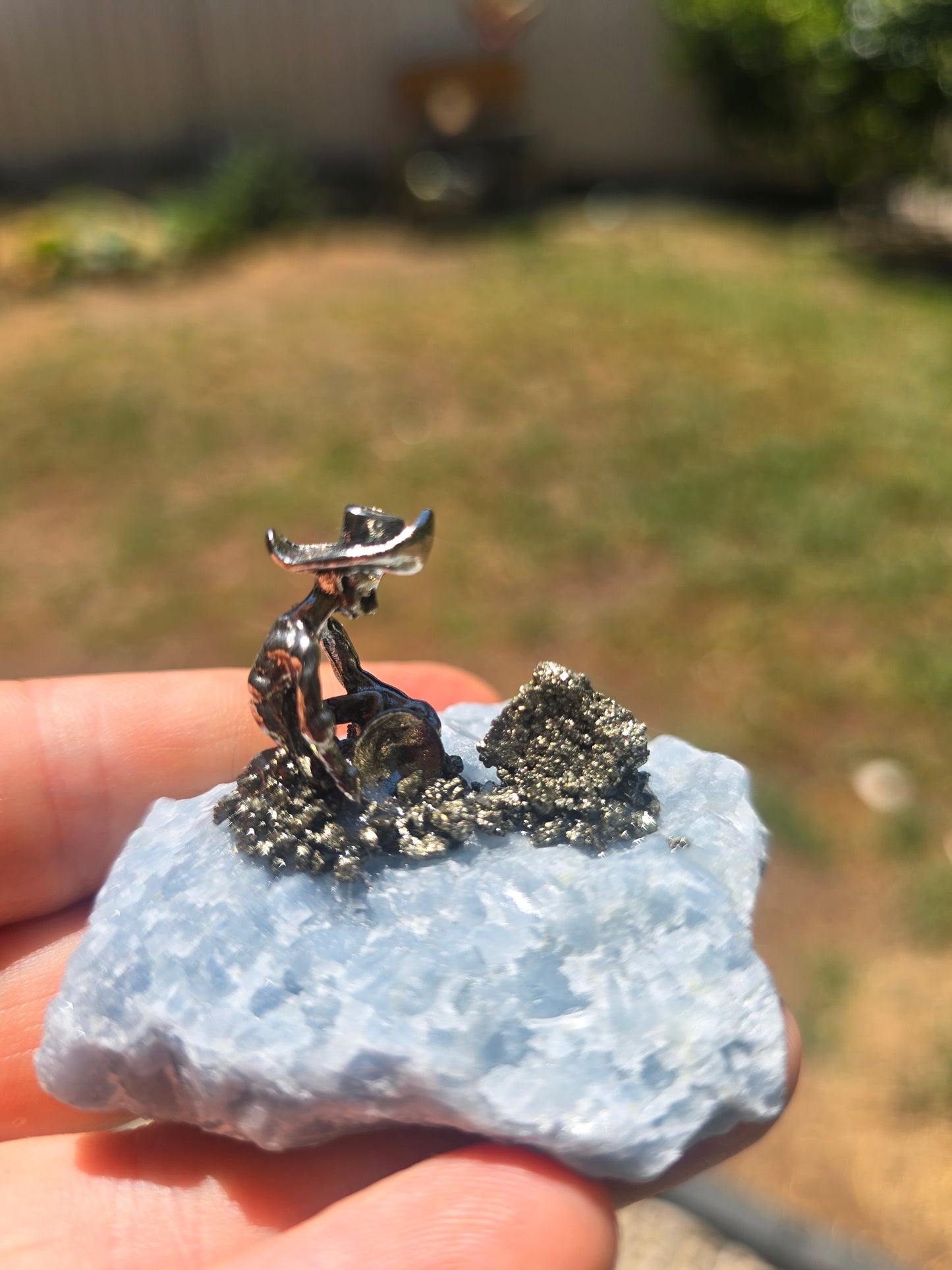 Blue calcite, Pyrite Mining Man. – theoldmouldy